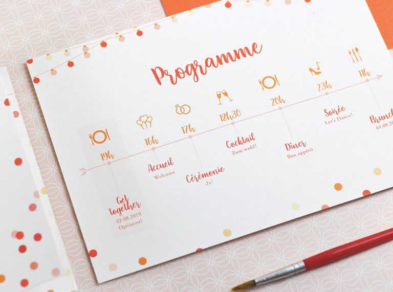 Le programme de votre mariage sur vos faire-part, claire et simple